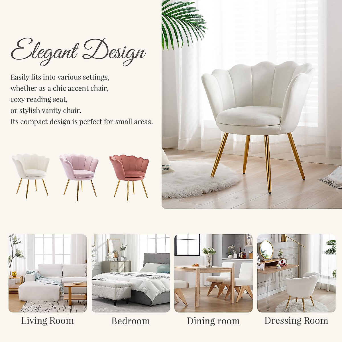 chairus Small Accent Chair for Living Room, Velvet Gold Cute Vanity Chair with Back for Makeup Room, Upholstered Shell Shaped Office Guest Modern Chair Arm Chair, Cream White