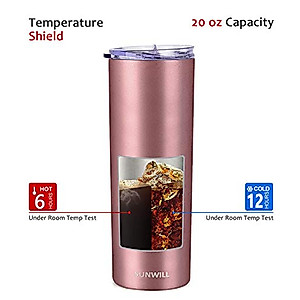 SUNWILL Straw Tumbler Skinny Travel Tumbler with Lid, Vacuum Insulated Double Wall Stainless Steel 20oz for Coffee, Tea, Beverages, Rose Gold