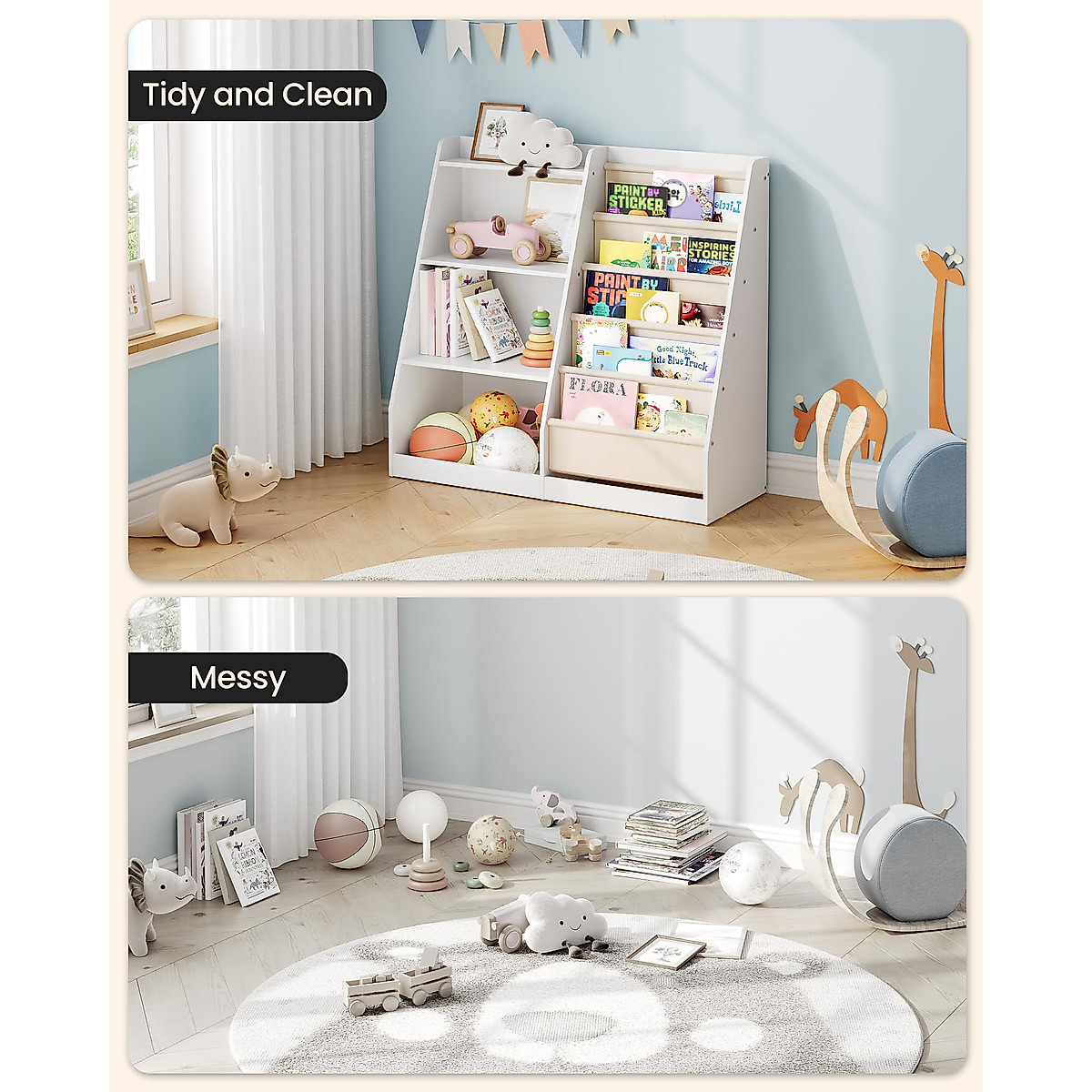 CHOEZON 4-Tier Kids Bookshelf and Toy Storage, 6 Layer Fabric Toddler Bookshelf, Kids Toy Storage Organizer, Sling Kids Bookcase, for Playroom, Bedroom, Nursery, Classroom, White MCW05WT