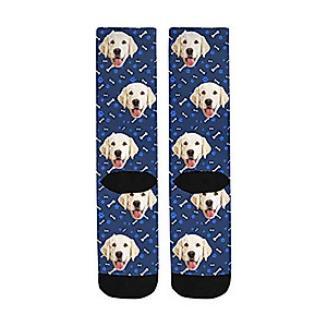 Custom Print Your Photo Pet Face Socks, Personalized Cat and Dog Tracks Paws Bones Navy Blue Crew Socks with Faces for Men Women