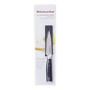 KitchenAid Gourmet Forged Triple Rivet Serrated Paring Knife with Custom-Fit Blade Cover, 3.5-inch, Sharp Kitchen Knife, High-Carbon Japanese Stainless Steel Blade, Black