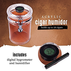 Mantello Cigar Humidor Jar- Acrylic Humidor with Hygrometer for Cigar Humidor, Airtight Lid & Humidifier- Acrylic Humidors for Cigars with Cedar Wood Lining, Holds 18 Cigars
