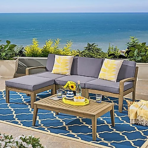 Christopher Knight Home Grenada Sectional Sofa Set | 5-Piece 3-Seater | Includes Coffee Table and Ottoman | Acacia Wood Frame | Water-Resistant Cushions Dark Gray, Finish