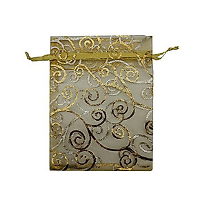 Ankirol Sheer Organza Favor Bags 6x8 inch for Wedding Baby Shower 100 pack Gift Bags Samples Display Drawstring Pouches (Gold Swirl)