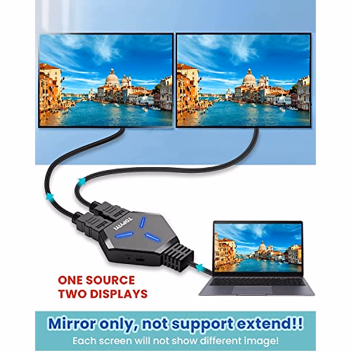 HDMI Splitter 1 in 2 Out, TOPYIYI 4K HDMI Splitter for Dual Monitors with Pigtail HDMI Cable, HDCP1.4 Bypass, Supports 4K@30Hz 3D 1080P for Xbox PS4 PS3 Blu-Ray Player Fire Stick Cable Box