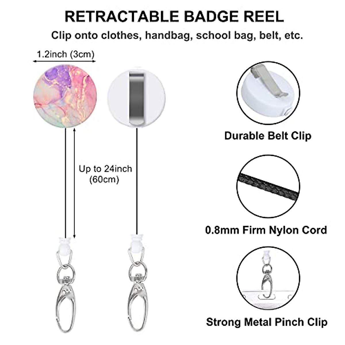 Badge Reels Retractable with Carabiner Reel Clip, Worker Badge Holder Belt Ferrule, Identity ID Badge Holder Case, Nurse Doctor Office School Teacher Name Credit Card Pocket (H-Marble Purple Pink)