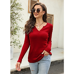 Women's V Neck Waffle Knit Henley Tops Casual Long Sleeve Pullover Sweater Blouses (Red, X-Large)