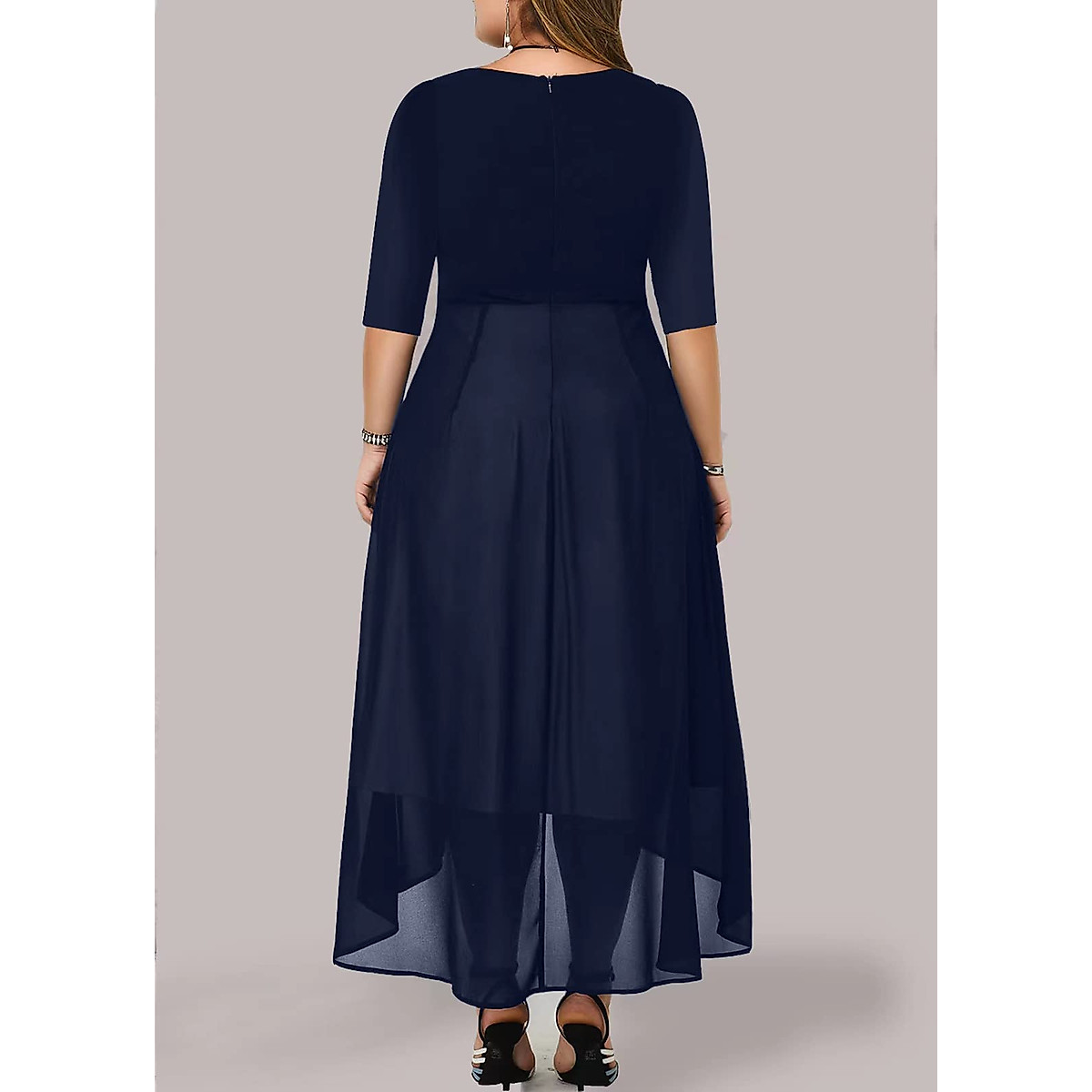 Jumpfolia Women's Plus Size 3/4 Sleeve V Neck Chiffon Contrast Panel Cocktail Semi Formal Midi Dresses Navy Blue