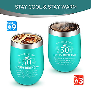 Cayourian 50th Birthday Gifts for Women, Happy 50th Birthday Decorations for Her Wife Mom Friends Coworkers BFF -12 Oz Stainless Steel Wine Tumbler with Lid (Mint)