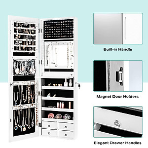 CHARMAID LED Strip Jewelry Armoire with 47.2" H Full Length Mirror, Wall/Door Mounted Jewelry Organizer with Built-in Mirror, Flip-over Cosmetic Tray, 4 Drawers, Large Storage Jewelry Cabinet (White)