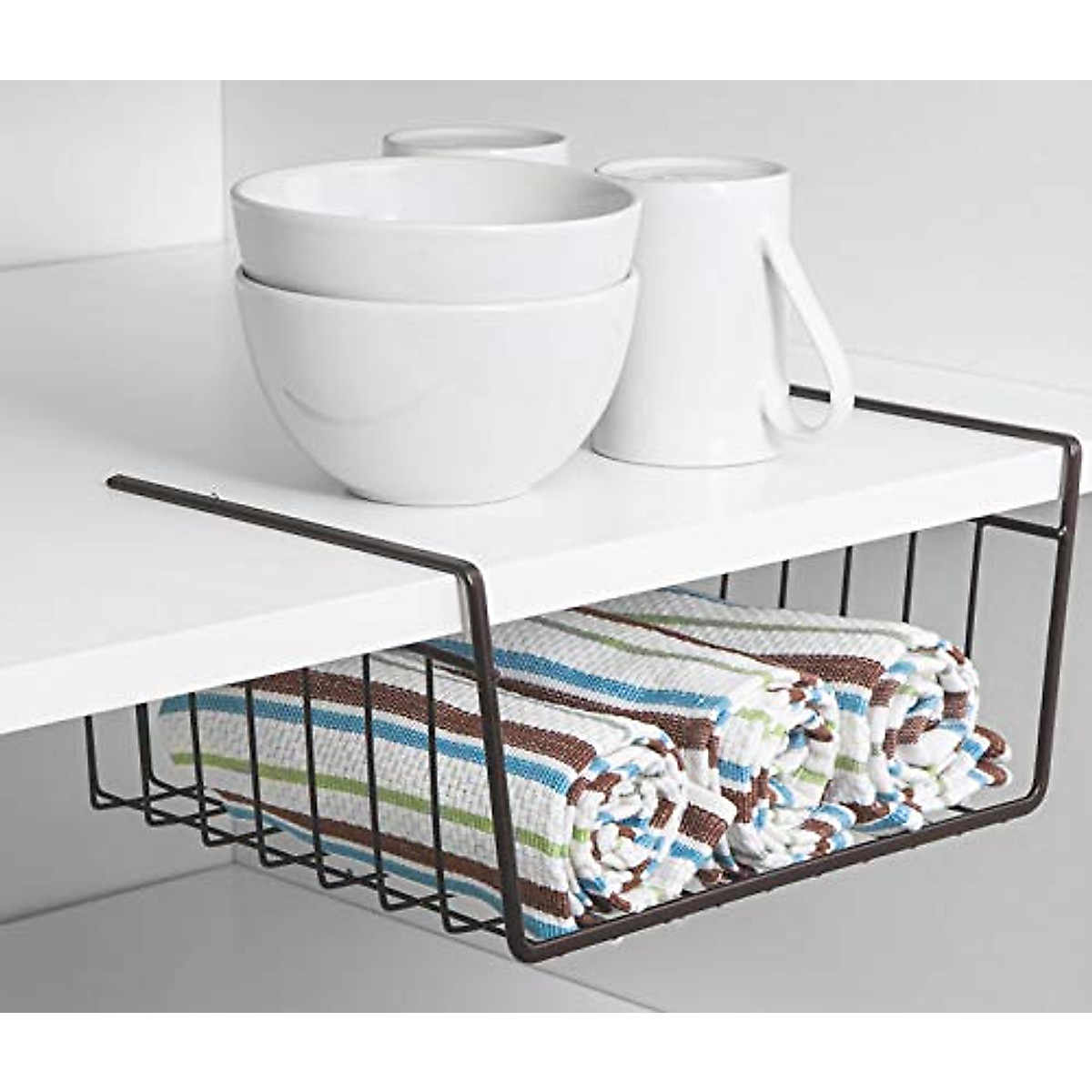 Smart Design Undershelf Storage Basket - Small - Snug Fit Arms - Steel Metal Wire - Rust Resistant - Under Shelves, Cabinet, Pantry, and Shelf Organization - 12 x 5.5 Inch - Bronze