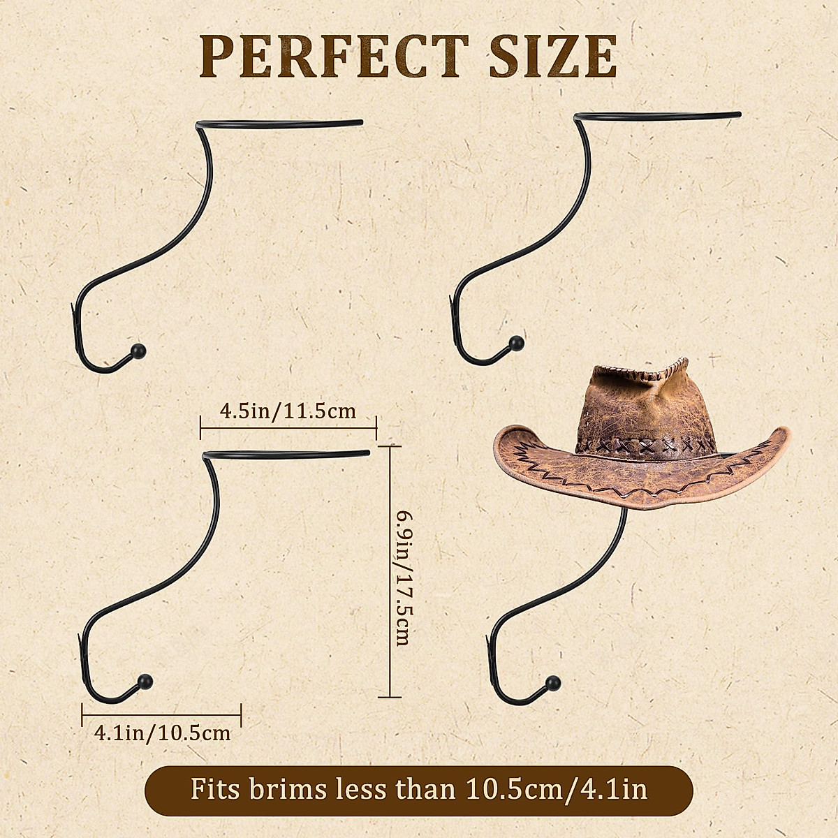 QUUREN Cowboy Hat Rack for Wall 4 Pack Rustic Metal Cowboy Hat Holder Cast Iron Cowboy Hat Hanger Western Horseshoe Hooks for Storage and Display at Closet Bedroom Living Room for Hats Coats Keys