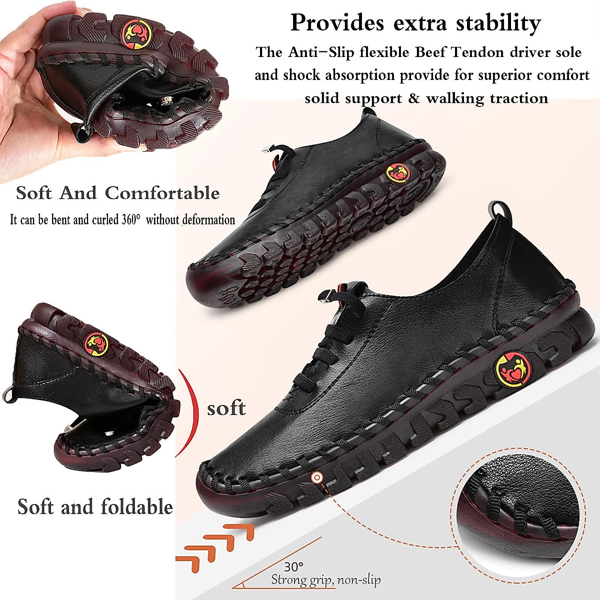 CrazySavage Women's Leather Soft Beef Tendon Flat Bottom Loafers Slip-on Handmade Round Toe Non-Slip Breathable Mom Leisure Walk Shoes (White,10,Women,10)