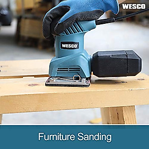 WESCO Palm Sander Tool, 2.0 Amp 1/4 Sheet Palm Sanders for Woodworking, 12,000 OPM Electric Sander Sander with Dust Collector, Punch Plate & 12 Sanding Discs, Vacuum Adapter, Quick Locking System