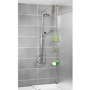 Bathroom Shelf Organizer for Shower Storage, Shower Caddy Tension Pole With 4 Storage Baskets, Stainless Steel, Silver, Dimensions 11 x 108 x 7.8 in