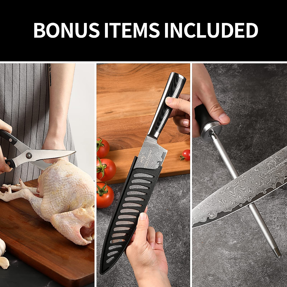 Chefs Knife Set with Gift Box, 4 Pieces Damascus Kitchen Knife Set, VG10 Steel Professional Knife Sets for Chefs, Knife Set with Non-slip Micarta Handle, Knife Sharpener and Chefs Knife