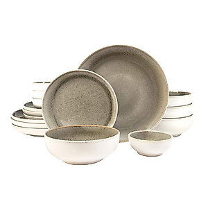 Sango Resona Moss 16-Piece Stoneware Dinnerware Set with Round Plates and Bowls, Green