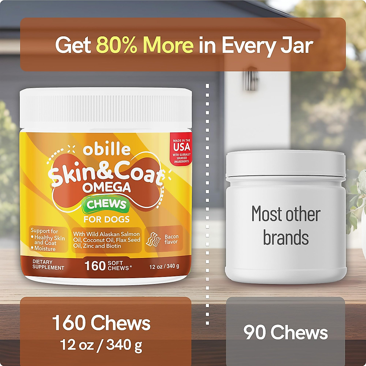 Obille Skin & Coat Omega for Dogs 160 Chews 12oz – Salmon Oil Supplement For Puppies and Large Dogs, Support Shiny Coat, Dry & Itchy Skin Relief, Immune & Heart Health and may reduce Allergy, Shedding