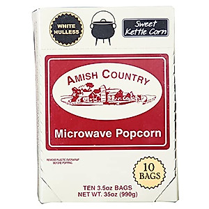 Amish Country Popcorn | Old Fashioned Microwave Popcorn | 10 Bags Sweet Kettle White Hulless | Non-GMO, Gluten Free, Microwaveable and Kosher (10 Bags)