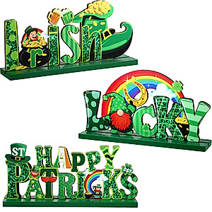 3 Pieces St. Patrick's Day Table Decoration Shamrock Sign Table Centerpiece Leprechaun Decoration Wooden Irish Themed Decors for St. Patrick's Day Holiday Dinner Coffee Tier Tray, 7.87 x 4.72 inch