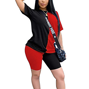 Two Piece Short Set for Women, Casual Color Block Short Sleeve Tops Biker Shorts Track Suits Sets Black&Red XL