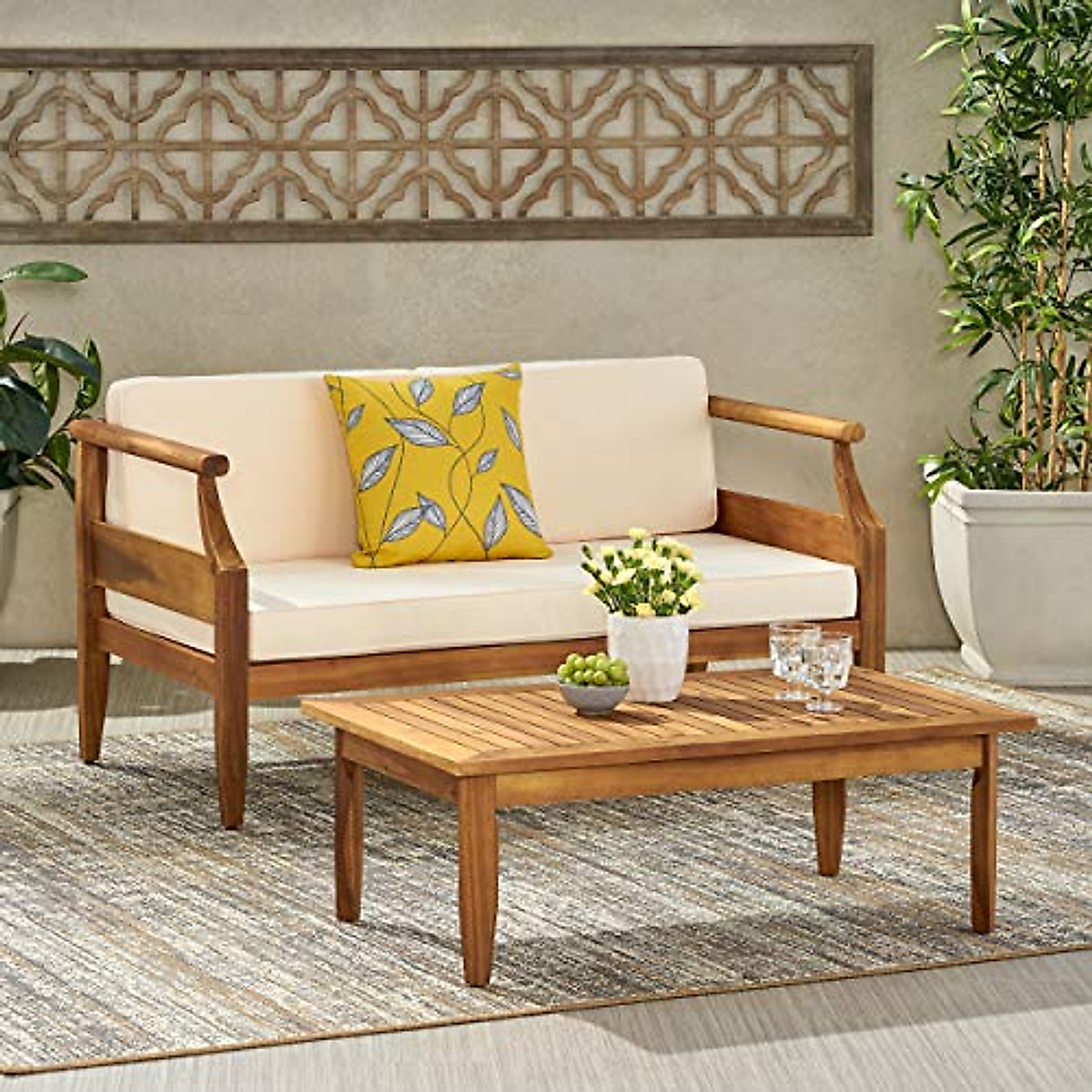 Christopher Knight Home Gallia Outdoor Loveseat Set, Teak Finish, Cream