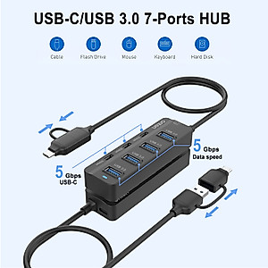 Onten USB C Hub,7 Ports USB 3.0 Hub with USB C to USB 3.0 Adapter,USB C Splitter with 3.2 ft Cable 4*USB3.0 Ports,3*USB C Ports for Thunderbolt3/4 MacBook Surface Pro and More USB/USB C Devices