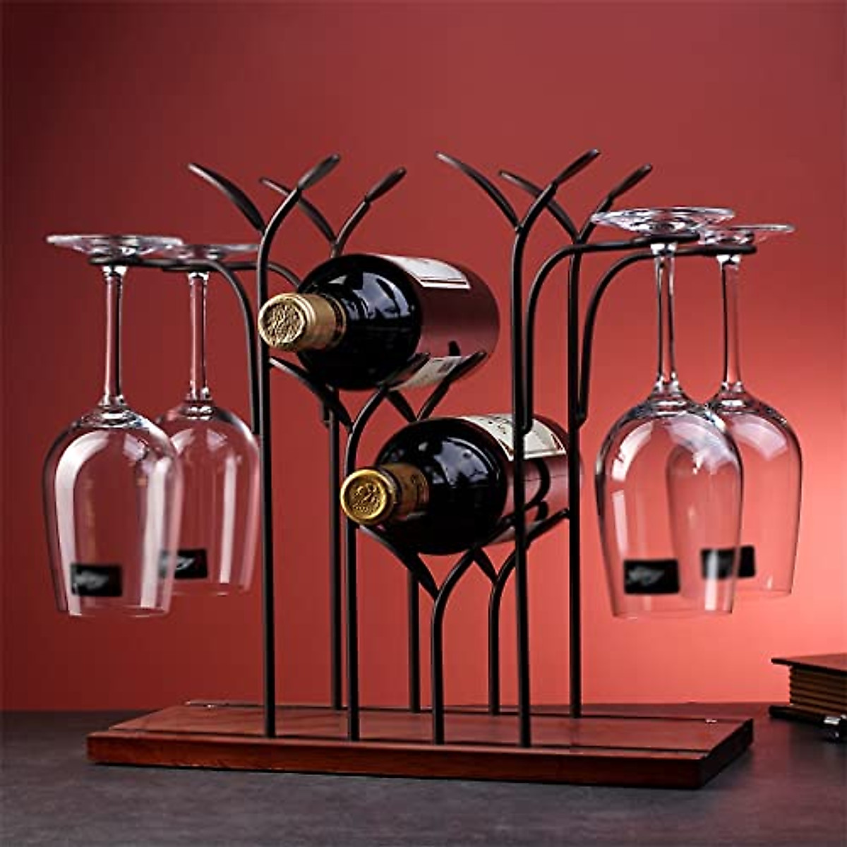 YFQHDD Iron Wire Forest Leaf Wine Rack Stand Hanging Drinking Glasses Stemware Rack Shelf Wine Bottle & Glass Cup Holder Display (Color : E, Size