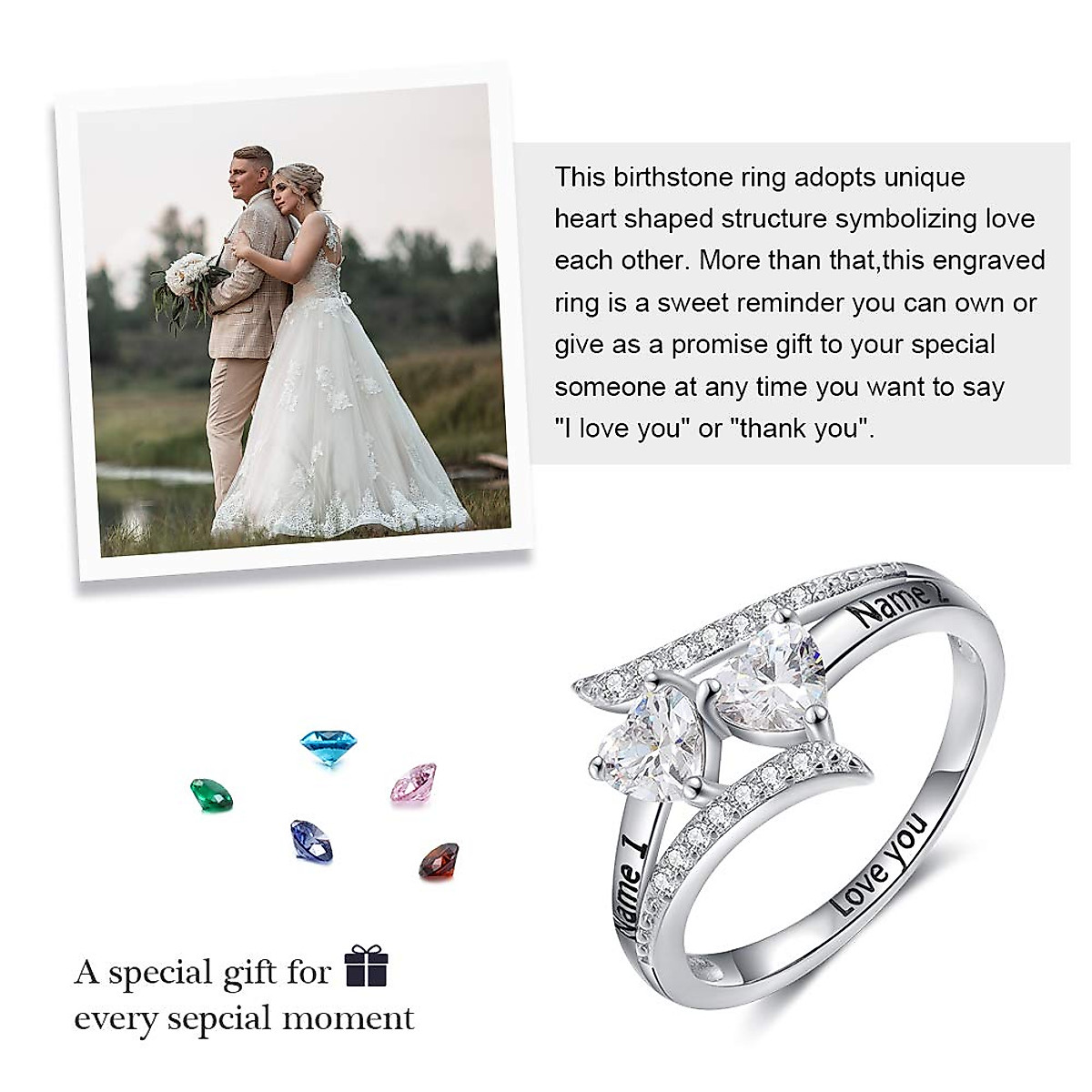 Personalized Love Heart Promise Rings for Her Couples Engagement Name Ring for Women Mothers Ring with Cubic Zirconia Simulated Birthstones (10)