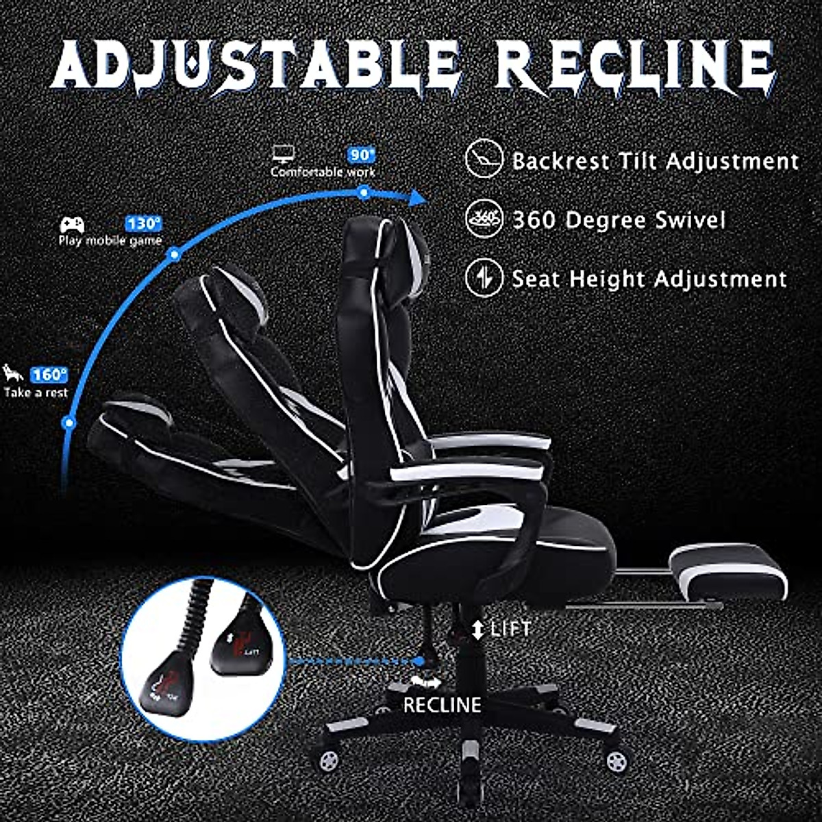 Zeanus Ergonomic Gaming Computer Chair, Recliner Computer Chair with Footrest, Office Gamer Chair with Massage, Big and Tall Racing Chair, Gaming Chairs for Adults, High Back Gaming Desk Chair White