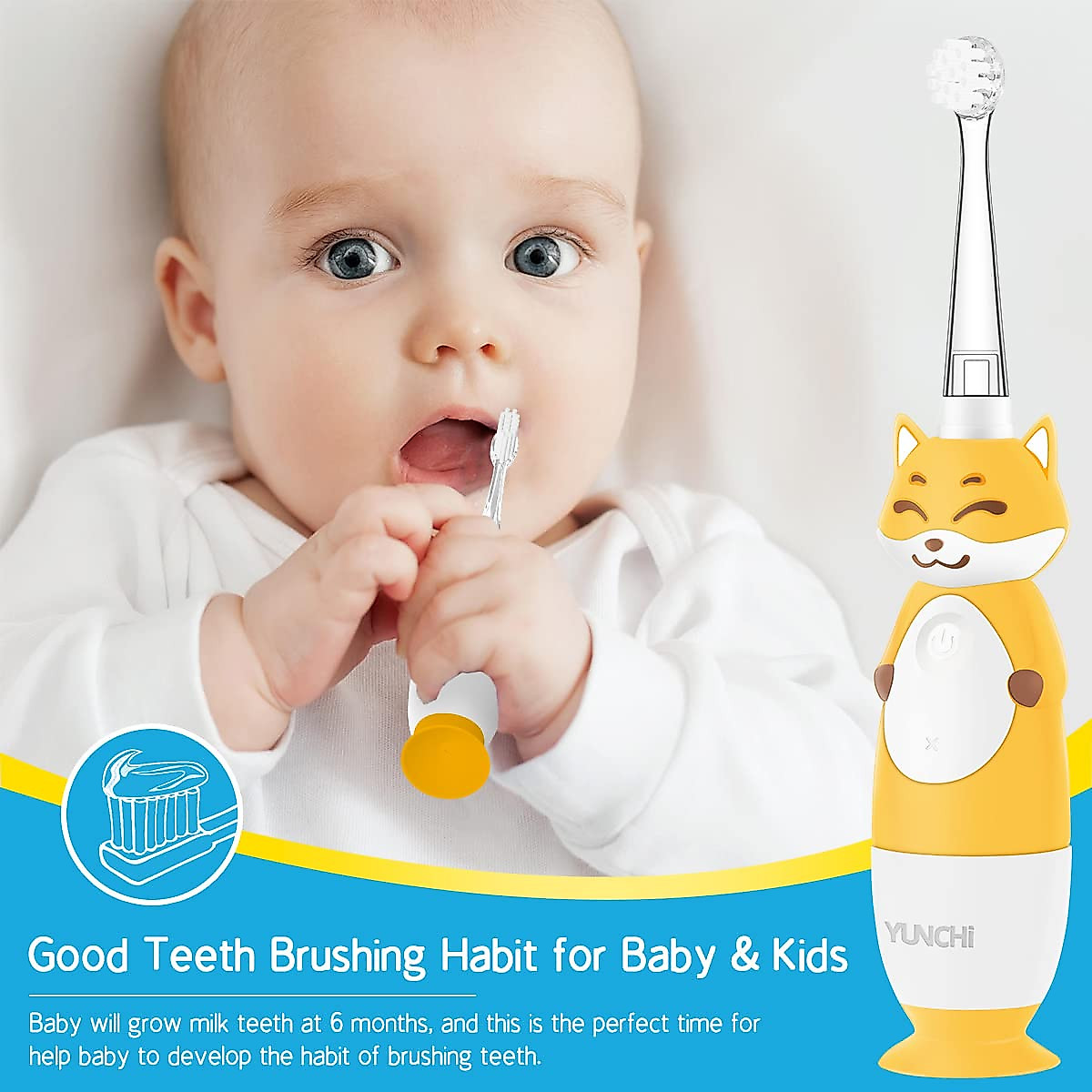 YUNCHI Baby Toothbrush, Toddler Toothbrush Age 0-4 Years, K3 Sonic Baby Electric Toothbrush with LED Smart Timer, BPA Free Baby Toothbrush 0 Months and up, Baby Toddler Electric Toothbrush 4 Heads