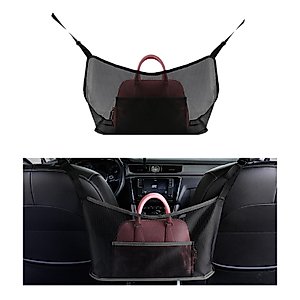 Ziciner Car Net Pocket Handbag Holder, Organizer Mesh Bag Between Two Seat, Driver Storage Netting Pouch for Handbag Purse, Barrier of Backseat Pet Kids, Car Accessories for Women Men (Black)