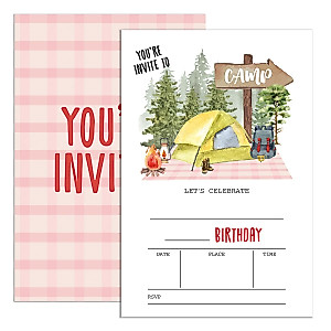 UDNADKEX Camping Birthday Invitations Girl with Envelopes, Invites for Girls Birthday Party Camp, Camp Out Birthday Party Invitations Cards, 4"x6" Set of 20, Yor're Invited to Camp