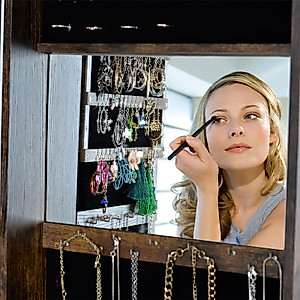 HOUAGI Mirror Jewelry Cabinet Standing,360°Rotating Jewelry Armoire Organizer with Full Length Mirror,Rear Storage Shelves,Built-in Small Mirror (Antique Gray)