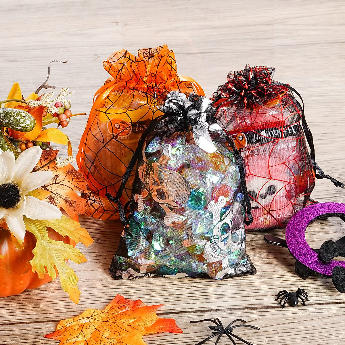 choyaxo 100PCS Halloween Organza Bags Spider Web Print Satin Drawstring Candy Jewelry Bags for Halloween Drawstring Gift Bags 4 x 6 Inches/10 * 15cm, 4 Styles