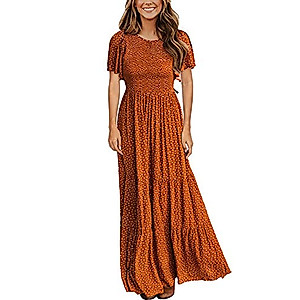 Kranda 2023 Summer Dresses for Women Round Neck Short Flutter Sleeve Casual Swing Flowy Smocked Ruffle Tiered Maxi Floral Dress Camel XL