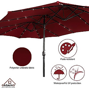 CASAINC 15 FT Solar LED Patio Umbrella with Base Double-Sided Extra Large Outdoor Umbrella Market Rectangular Twin Umbrella w/Crank for Garden Deck Lawn Pool Backyard-Burgundy (with Lights)