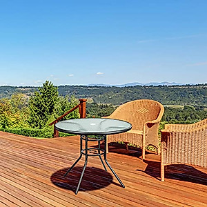 35.4"Outdoor Bistro Table Round Patio Dining Table Coffee Table Side Table with Umbrella Hole, Outdoor Indoor Banquet Furniture with Metal Frame and Glass Top for Garden Backyard Porch Lawn Deck,Black