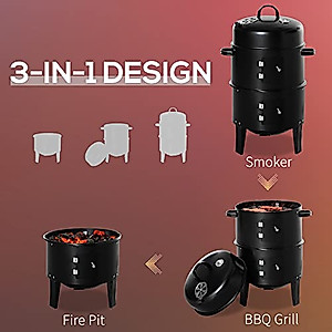 Outsunny Vertical Charcoal BBQ Smoker, 3-in-1 16" Round Charcoal Barbecue Grill with 2 Cooking Area, and Thermometer for Outdoor Camping Picnic Backyard Cooking, Black