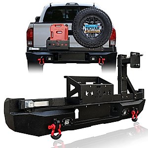 TIOYAR Textured Black Rear Bumper Compatible with Toyota 2016-2023 Tacoma 3rd w/Spare Tire Holder & Spare Fuel Drum Holder & 4 LED Lights & D-Ring+Sensor Mounting Holes
