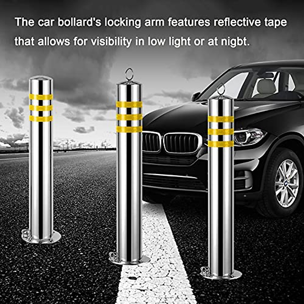 2 Pieces Parking Bollards Telescopic Stainless Steel Parking Space Lock with Reflective Padlock Parking Posts for Driveways 3m Plastic Chain