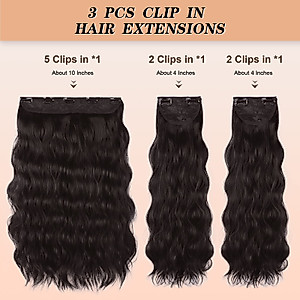 DeeThens Clip in Hair Extensions Long Dark Brown Hair Extensions for Women Wavy Synthetic Thick Hair Extensions Full Head Invisible 3pcs (Dark Brown)