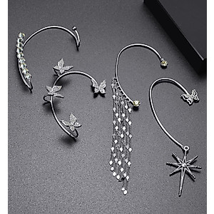 Tornito 4Pcs Butterfly Long Tassel Ear Cuff Dangle Chain Earrings Wrap Crawler CZ Earrings No Piercing Ear Clip Wrap Around Fake Earrings for Women Silver Tone Right Ear