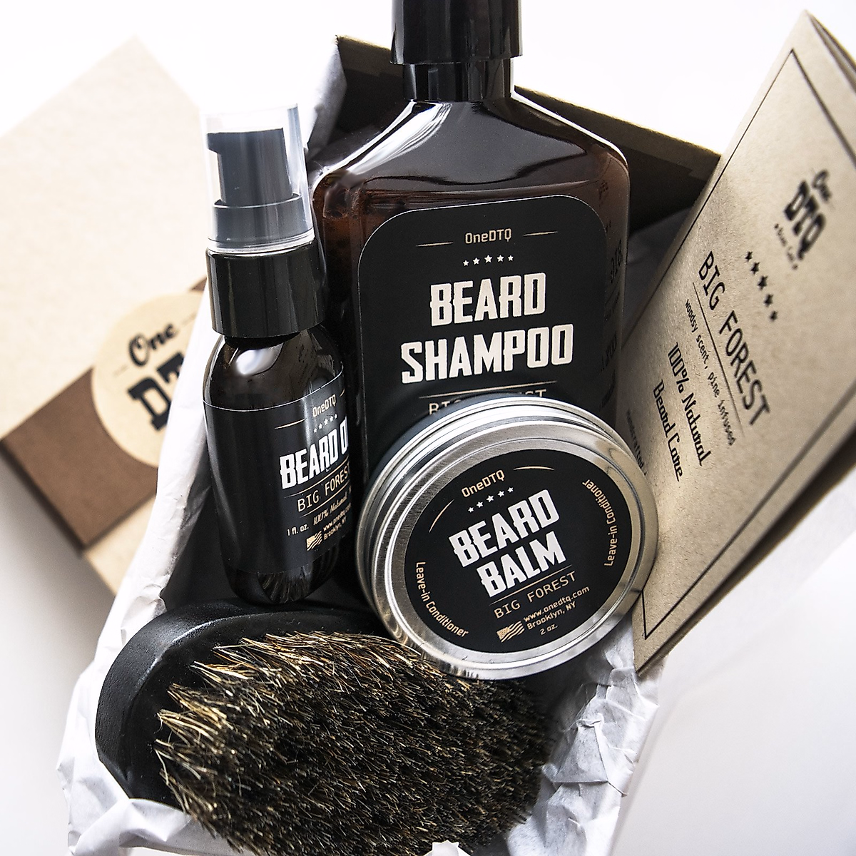 Big Forest Beard Treatment Kit - Shampoo 9 oz - Oil 1 oz - Beard Balm 2 oz - Brush - Wood Scent - 100% Natural and Organic Beard Growth Care Products in Premium Gift Box