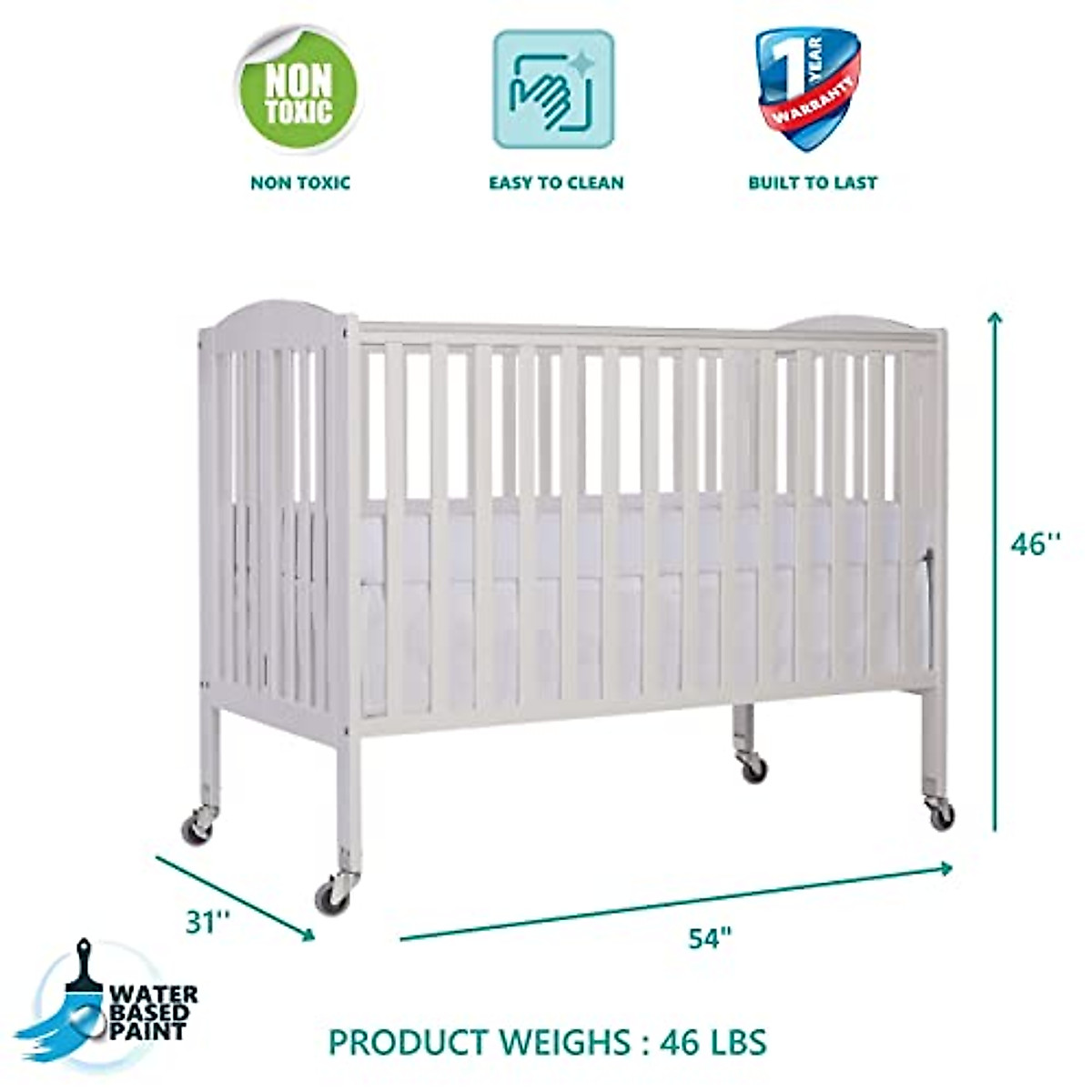 Dream On Me Folding Full Size Convenience Crib In White, Two Adjustable Mattress Height Positions, Comes With Heavy Duty Locking Wheels, Flat Folding Crib