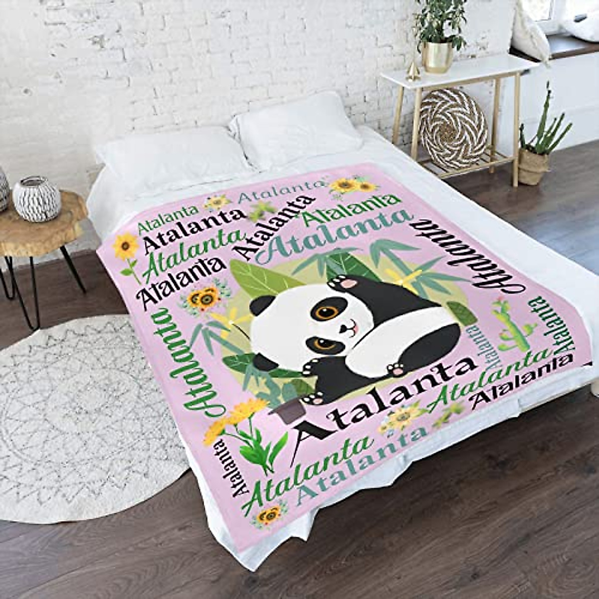 Flowers and Funny Panda Personalized Blanket with Name Soft Fleece Throw Blankets for Men Women Birthday Wedding Gift 50X60 inch