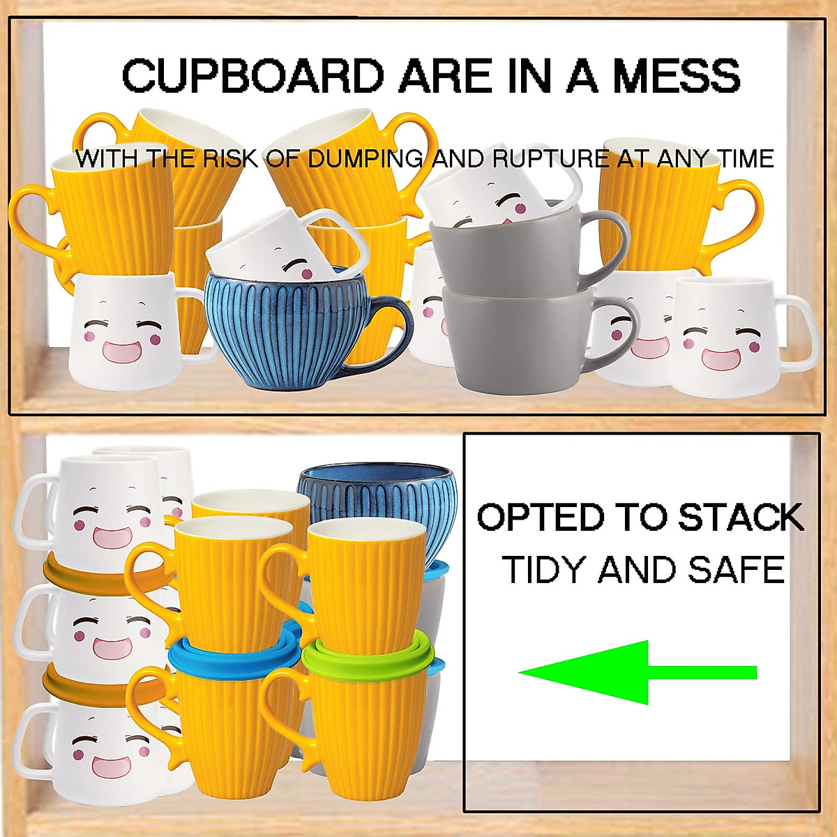 cup stacking rack for cupboard stackable Mug holder convenient for Cups organizers and storage Make kitchen cabinet shelf pantry save space Mugs stand adjustable for different sizes of cups 3pcs green