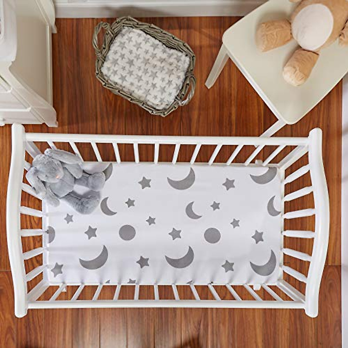 2 Pack Cradle Sheet Set, 100% Cotton Jersey Knit, Breathable Baby Sheet, Fits Cradle Pad/Mattress - Ultra Soft - Gray/White Chevron & Moon Stars Patterns