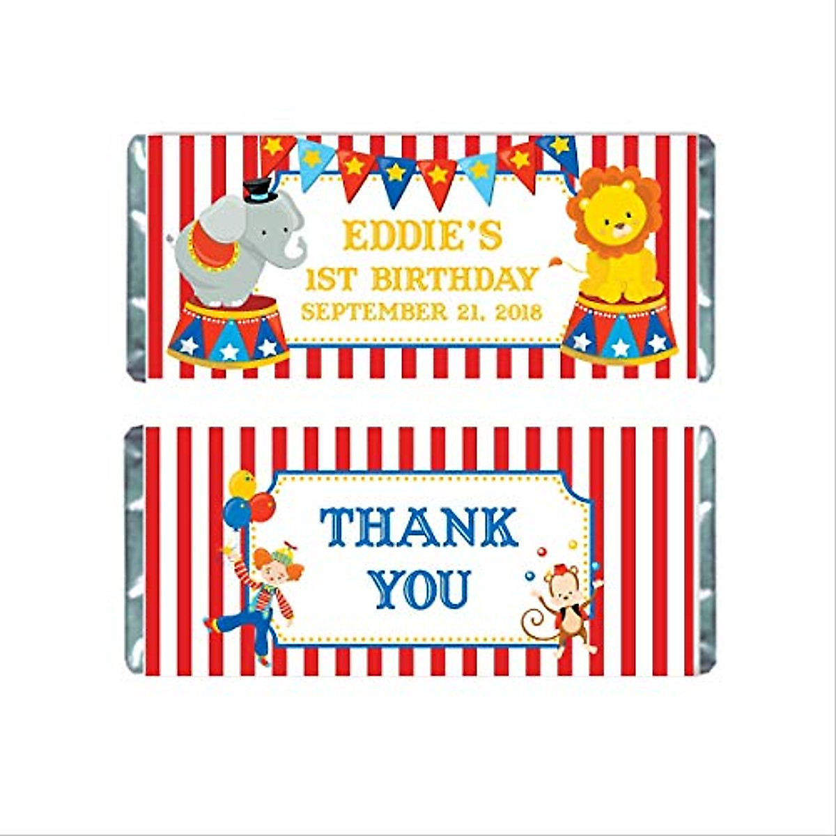 Circus Personalized Candy Wrappers for Chocolate, Kids Birthday Party Favors, Pack of 20 Custom Hershey Bar Labels