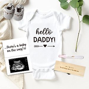 Pregnancy Announcement for Dad - Hello Daddy Baby Onesie, Baby Shoes, Pregnancy Test Keepsake Box, Pregnancy Reveal Card - Surprise Baby Announcement Gifts Set for Husband Partner